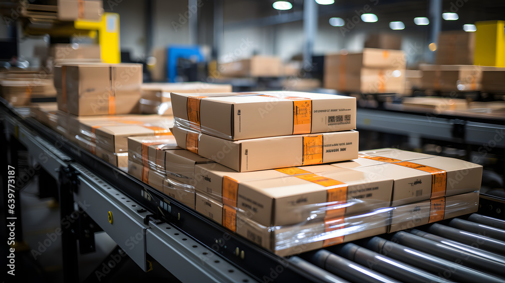 Conveyor with boxes for delivery in automated warehouse. Cardboard ...