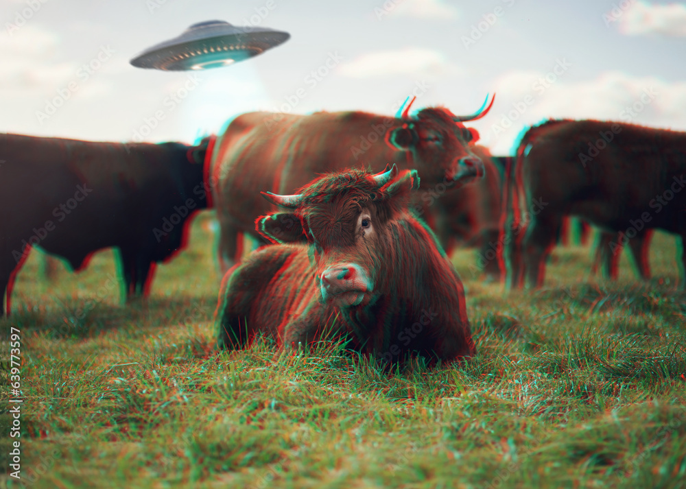 Ufo, futuristic and spaceship with cow on farm for science fiction ...