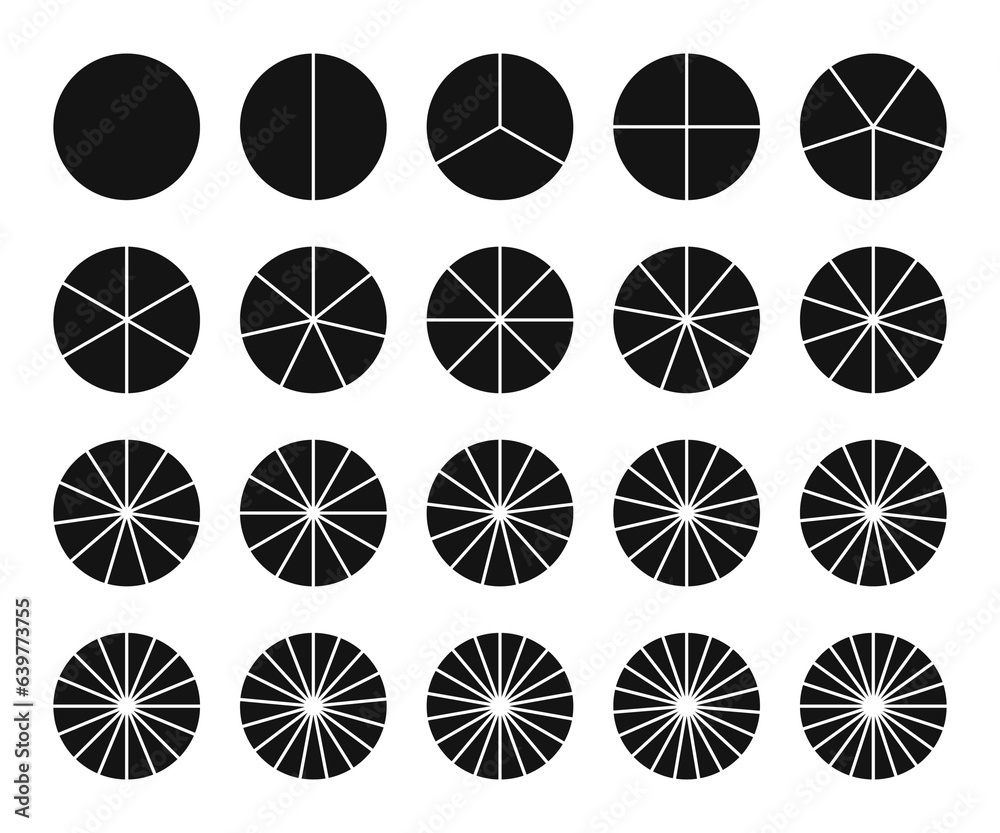 Circles divided into parts from 1 to 20. Circle segments set. Fraction ...