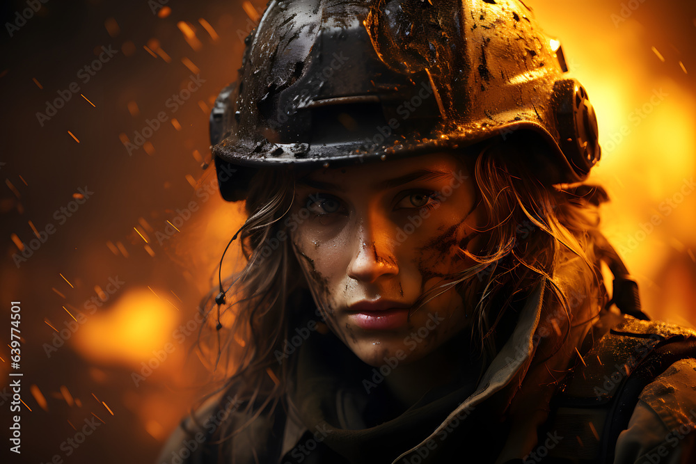 Female firefighter battles a blaze amidst roaring flames and thick ...