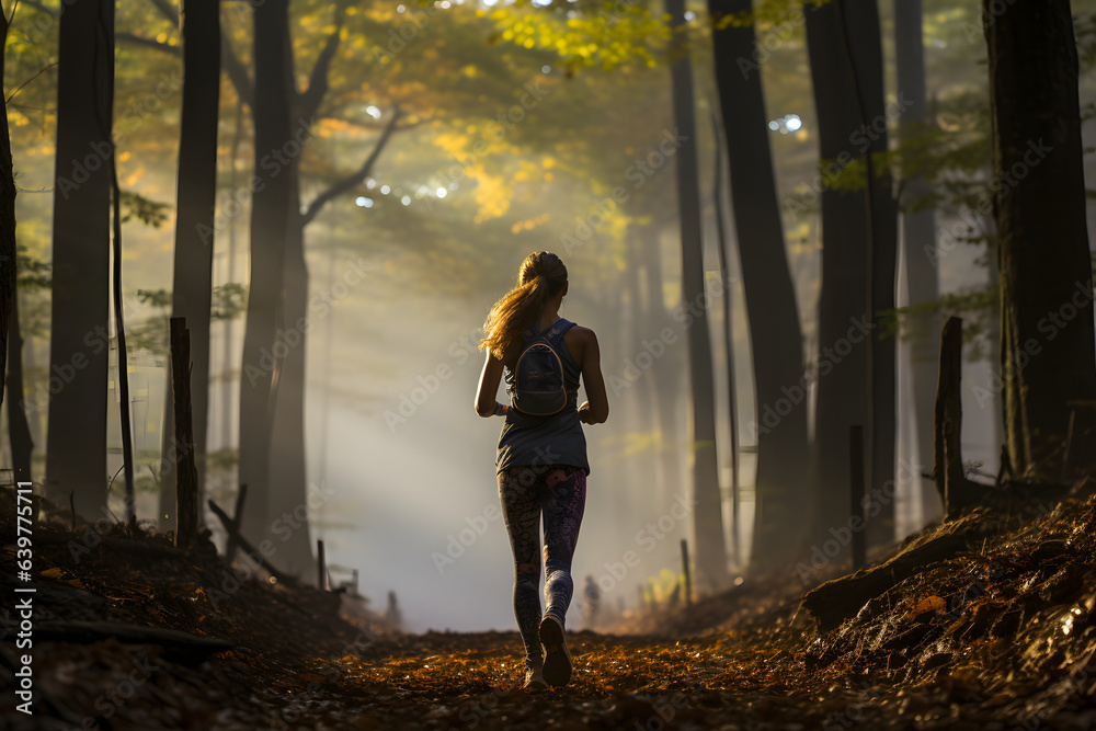 Woman runs along a rugged trail in a dense forest, sunlight filtering ...