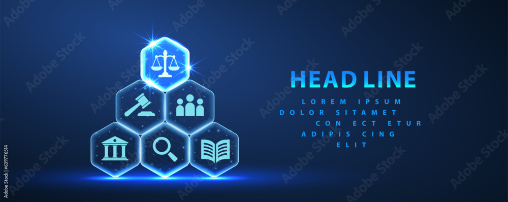 Digital law. Abstract pyramid of hexagons with law system icons and ...