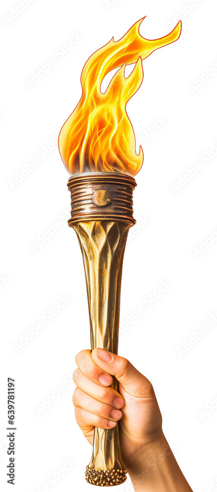 Burning wooden torch in hand. The man is holding a torch. Isolated on a ...