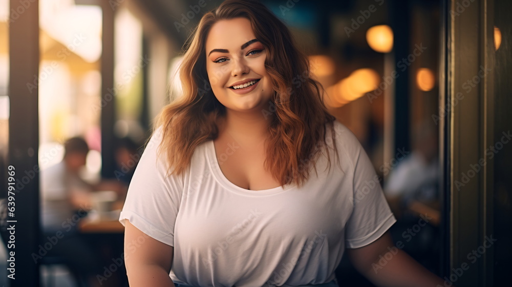 Portrait of a beautiful chubby young woman drinking a cup of coffee in ...