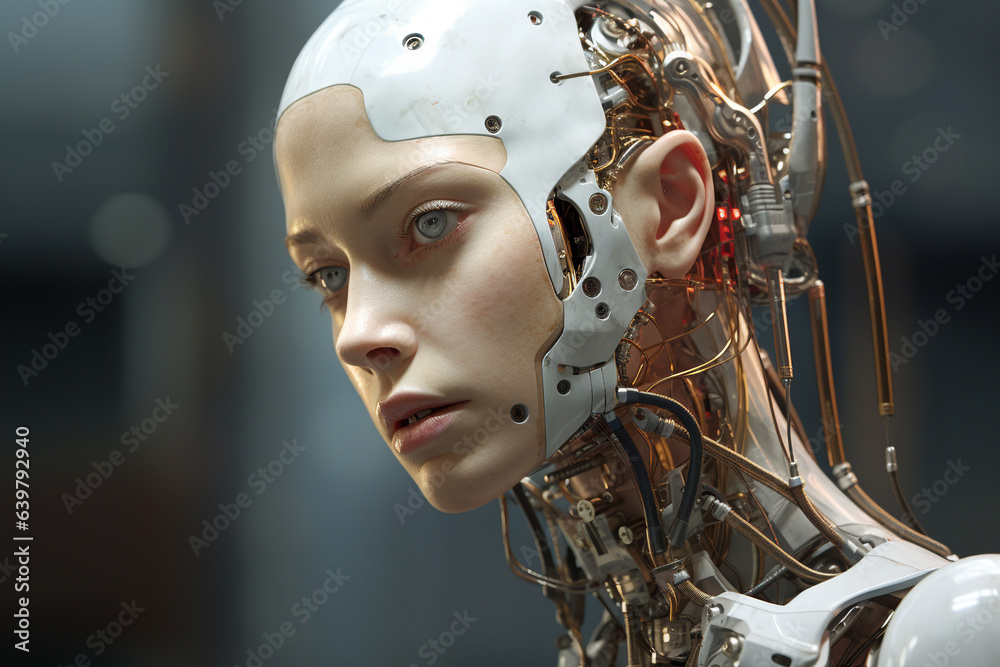 Young android robot nice woman face with part of skin and white plastic ...