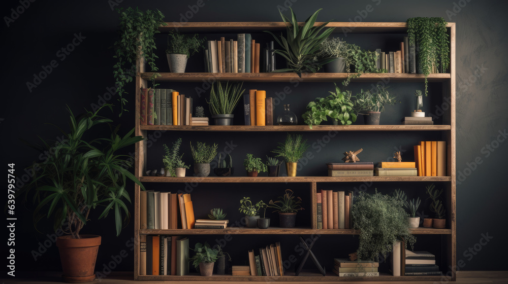 A contemporary-style bookshelf adorned with plants that serves as a ...