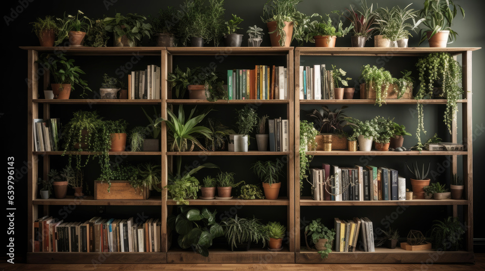 A contemporary-style bookshelf adorned with plants that serves as a ...