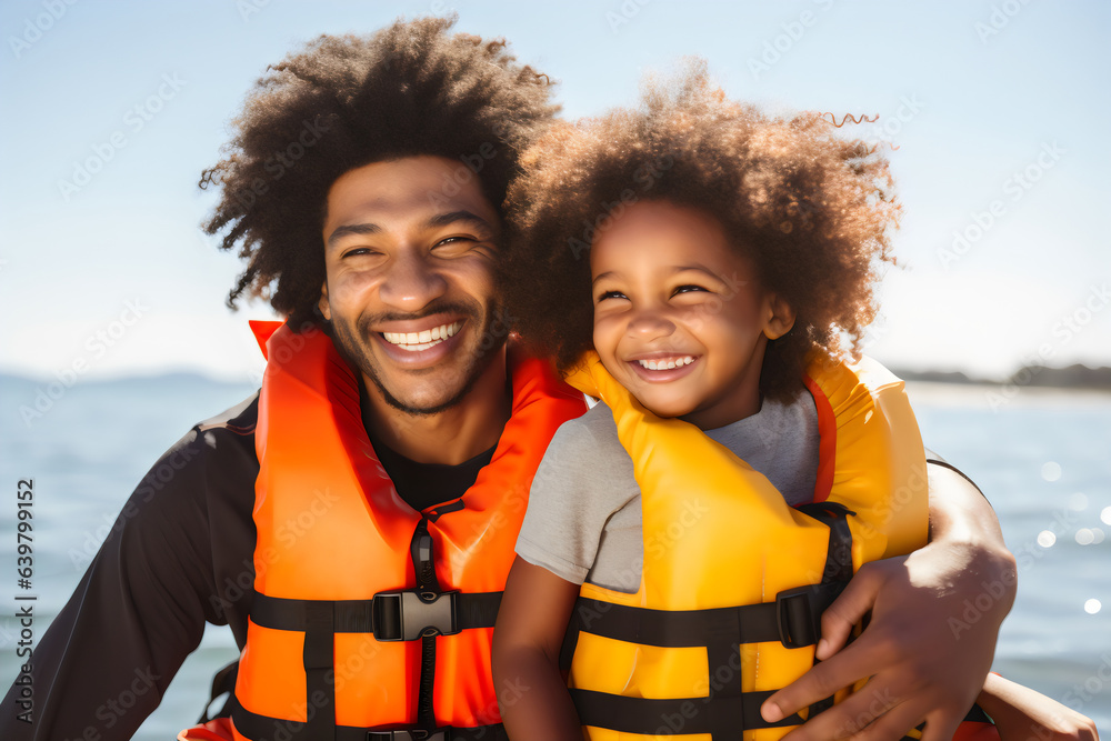 happy poc dad and child on boat wearing orange life jacket Stock Photo ...