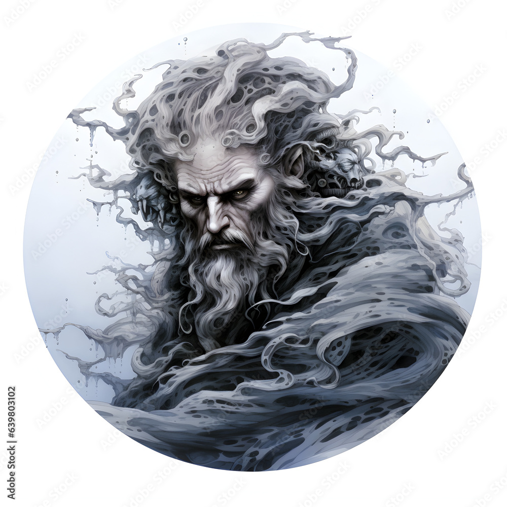 Illustration depicting the god of the sea, a commanding deity crowned ...