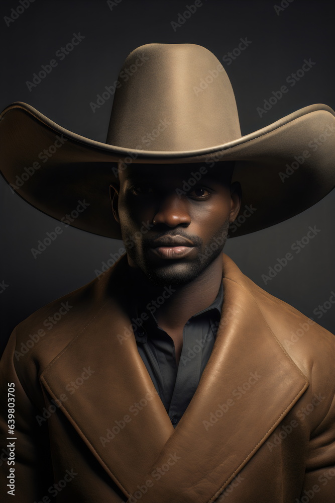 handsome poc male model wearing oversized cowboy hat and brown leather ...