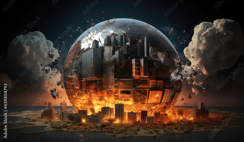 a world of oil, smoke and fire on an earth, in the style of ...