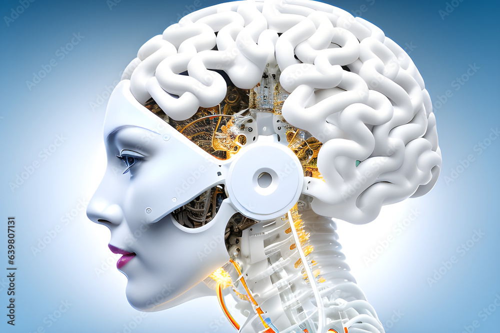 An advanced humanoid brain with parts and circuitry lighted up showing ...