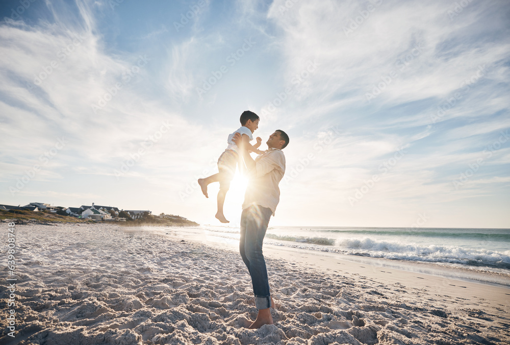 Blue sky, father and child on beach, playing and bonding together on ...
