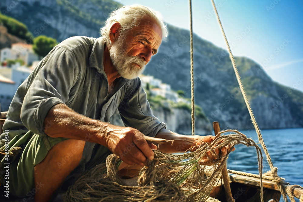 A gray-haired old man in a fishing boat sorts out nets for catching ...