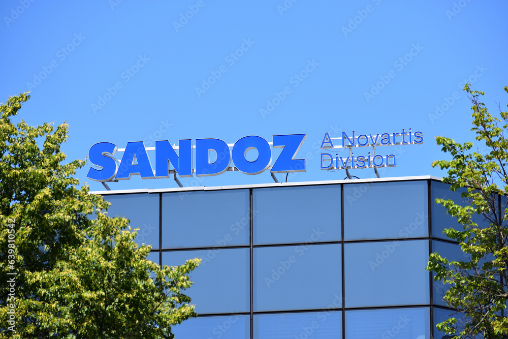 Sandoz a Novartis division. Pharmaceutical company signage, logo on the ...