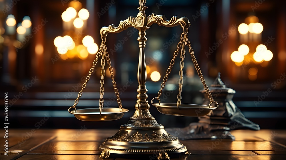 Scales of Justice in the dark Court Hall. Law concept of Judiciary ...