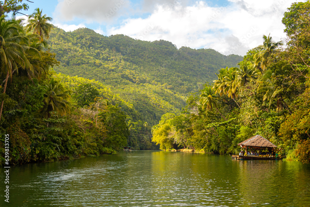 A small hut on tropical river with palm trees, Loboc river, Bohol ...