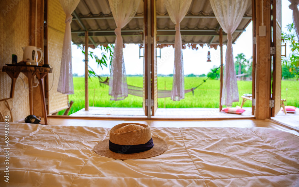 Bamboo hut homestay farm with Green rice paddy fields in Central ...