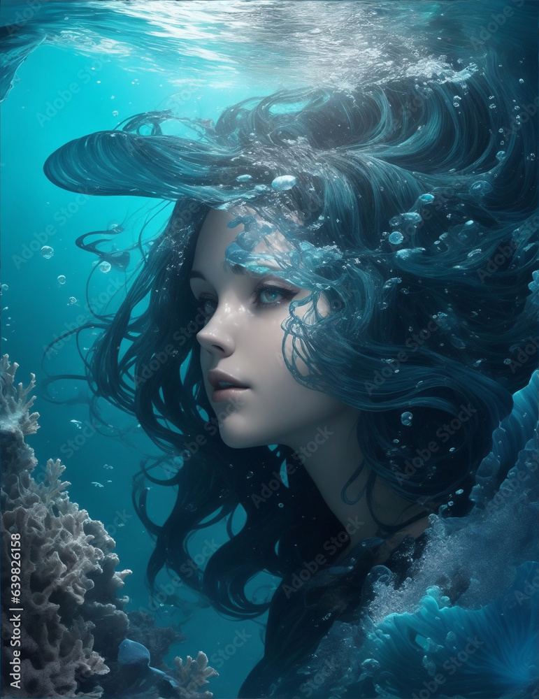 beautiful female head with weavy hair under the sea, under water ...