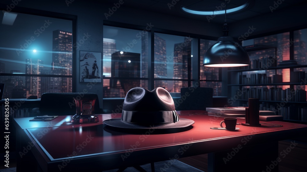Noir detective's fedora atop a levitating hat stand in a cyberpunk ...