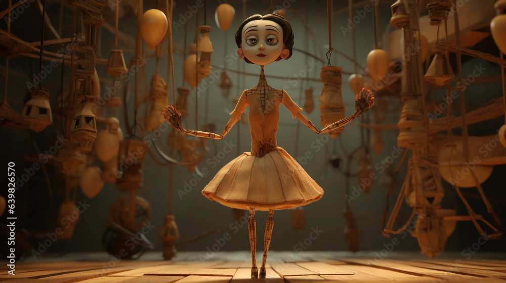 rigging scene, wooden puppet model in mid - movement, animation curves ...