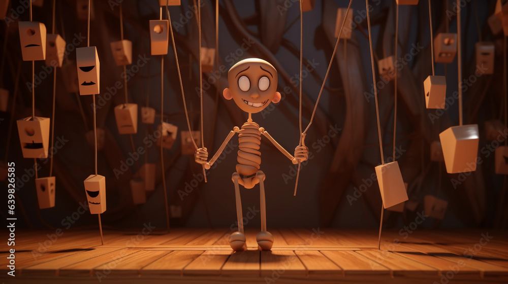 rigging scene, wooden puppet model in mid - movement, animation curves ...