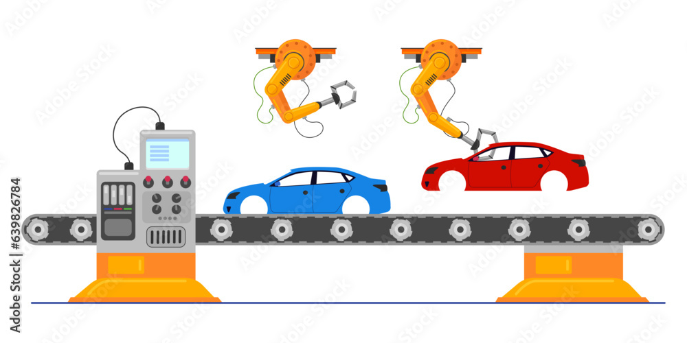 Robotic arms carrying automobile parts vector illustration. Assembly ...