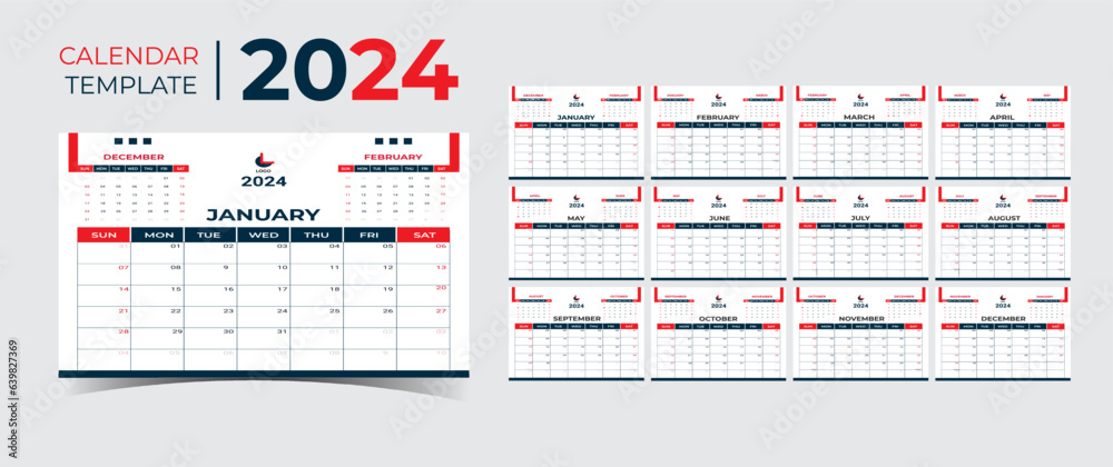 Monthly calendar template for 2024 year. Wall calendar in a minimalist ...