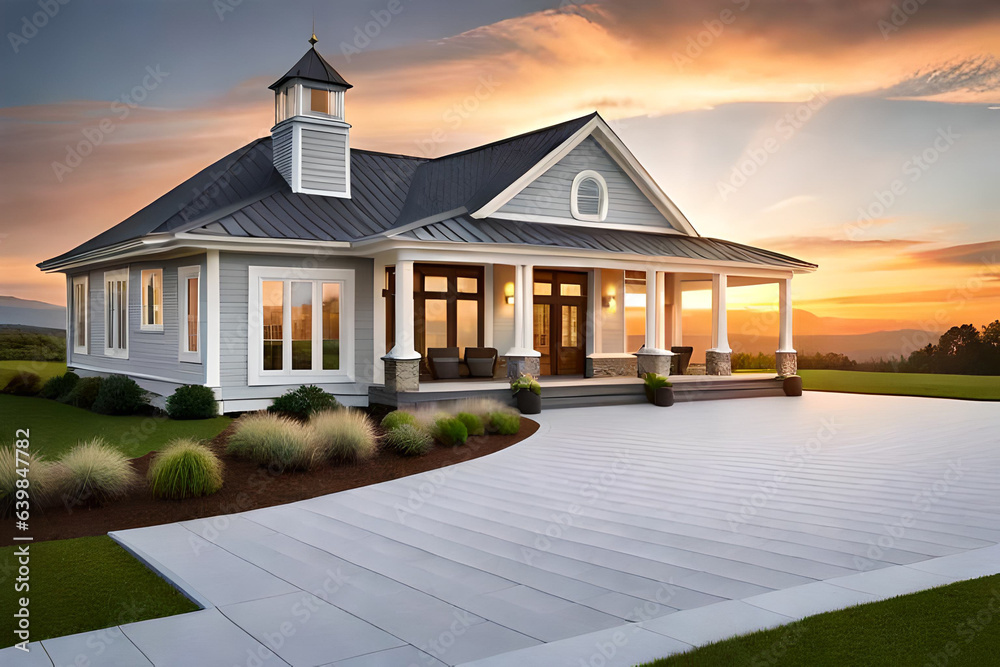 New construction community club house with white covered porch, gable ...