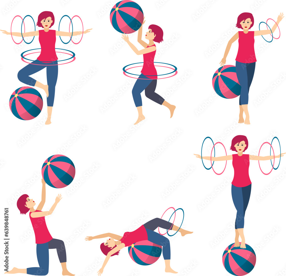 Set of gymnast poses. A girl with a hoop and a ball does gymnastic ...