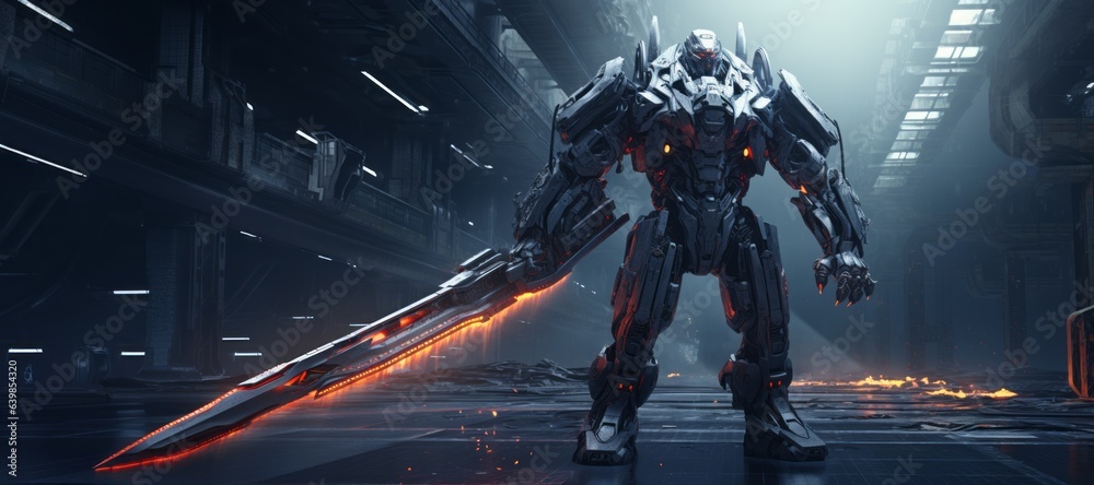 A massive robot with a huge magma sword. Mech Avenger Stock ...