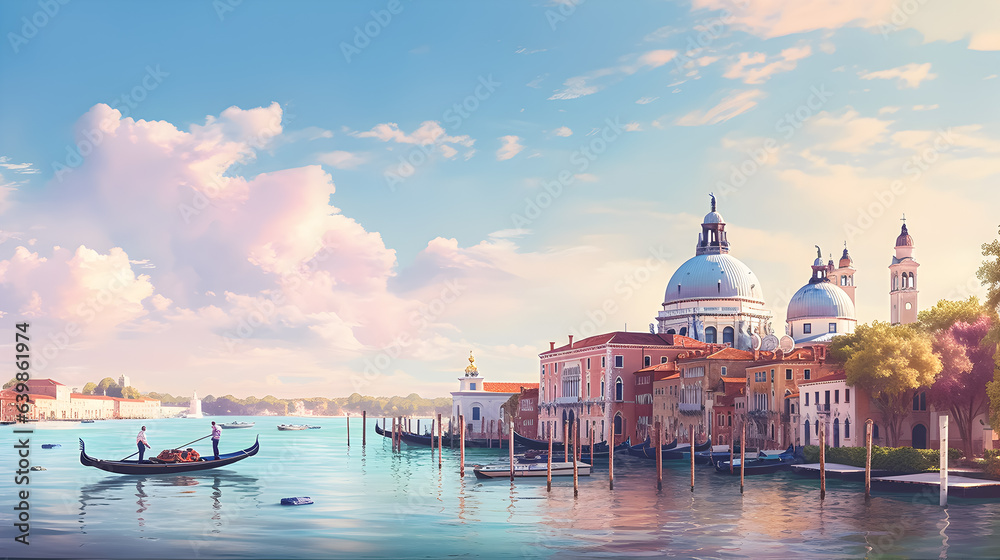 Serene Venice scene with a gondola floating by historic buildings under ...