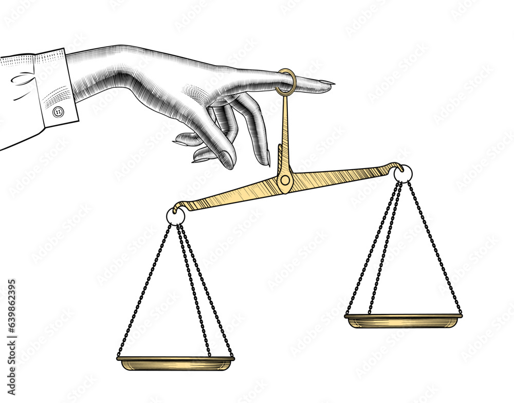 Woman's hand holding golden scales of justice with a cross. Theme of ...