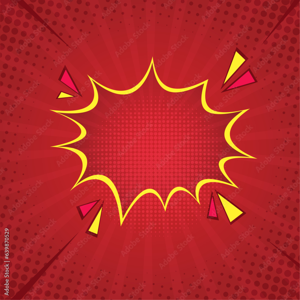 Flat red comic style design background. Template with rays, Pop art ...