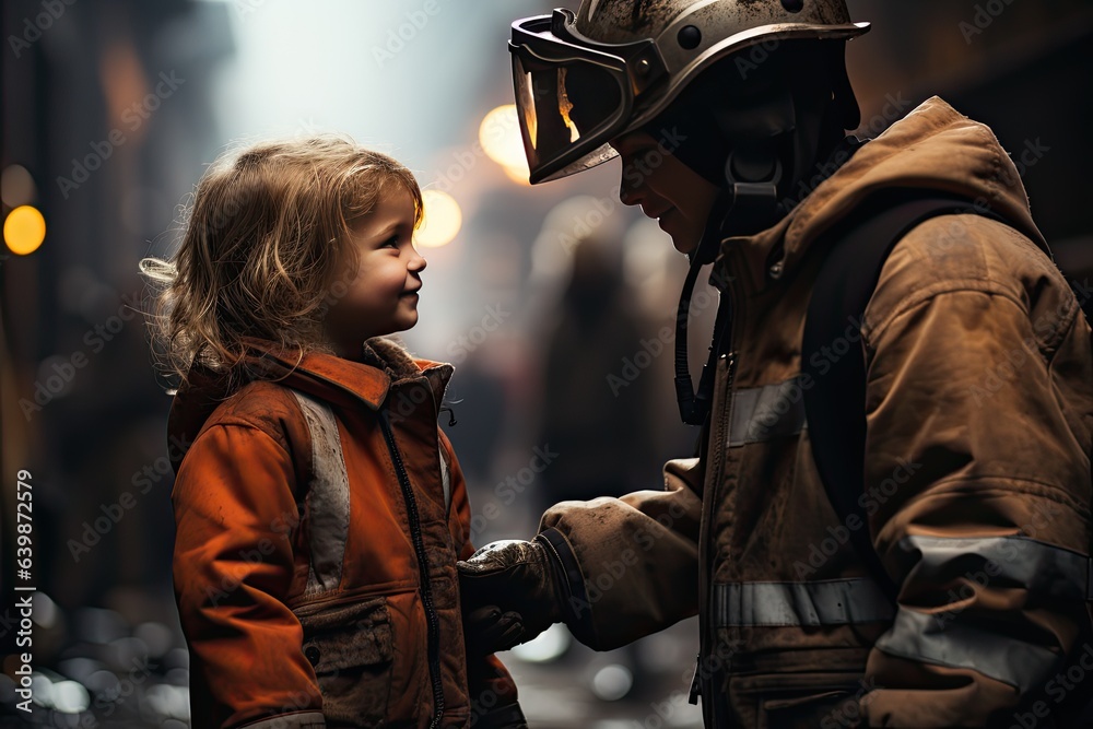 Portrait of rescued little boy with firefighter man standing near fire ...