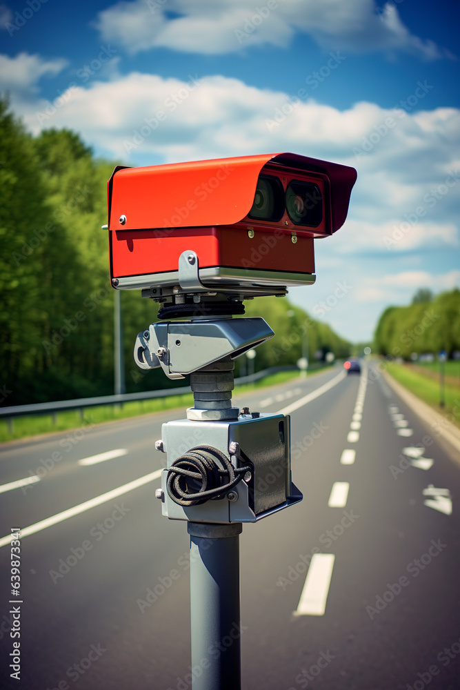 Generative AI illustration of radar camera on the road to control speed ...