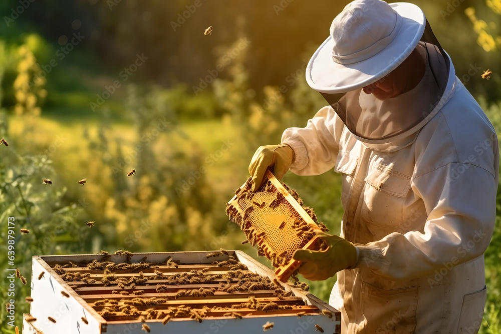 Male beekeeper wearing protective suit checking bee hive, man beekeeper ...