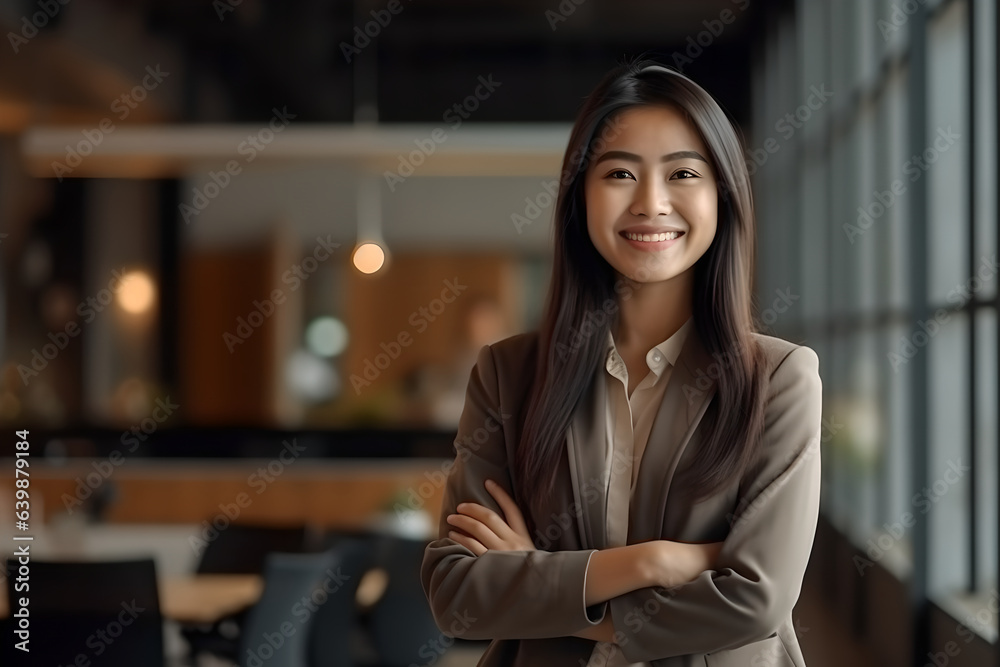Portrait of happy young asian business woman, elegant smiling executive ...