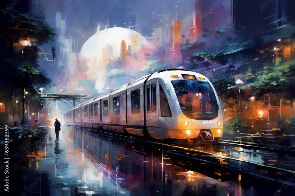 High-speed electric train of the future. Oil painting in the style of ...
