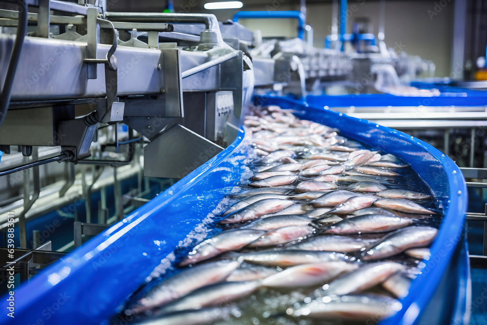 Fish processing plant. Production Line. Raw sea fish on a factory ...