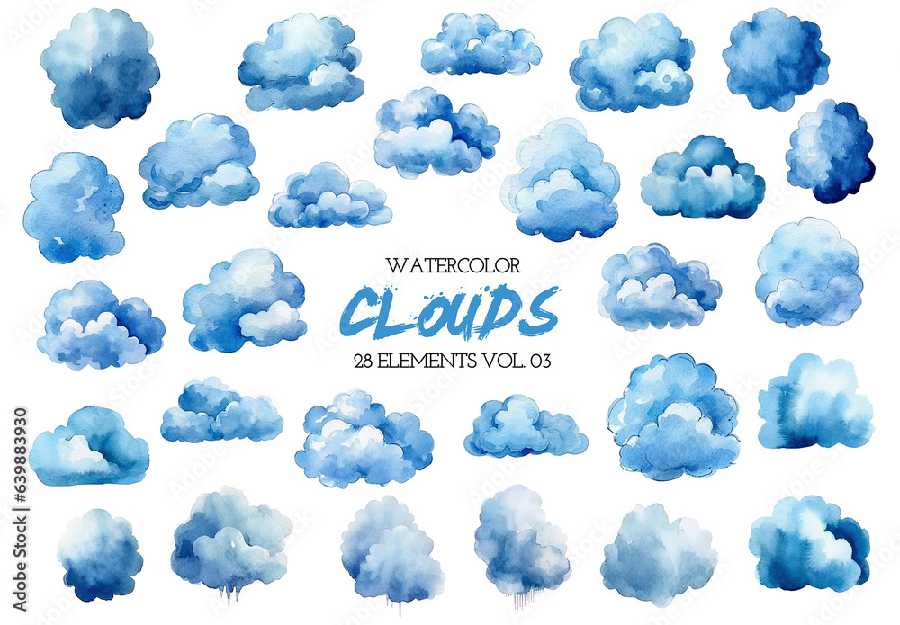 Watercolor painted blue clouds. Hand drawn design elements isolated on ...