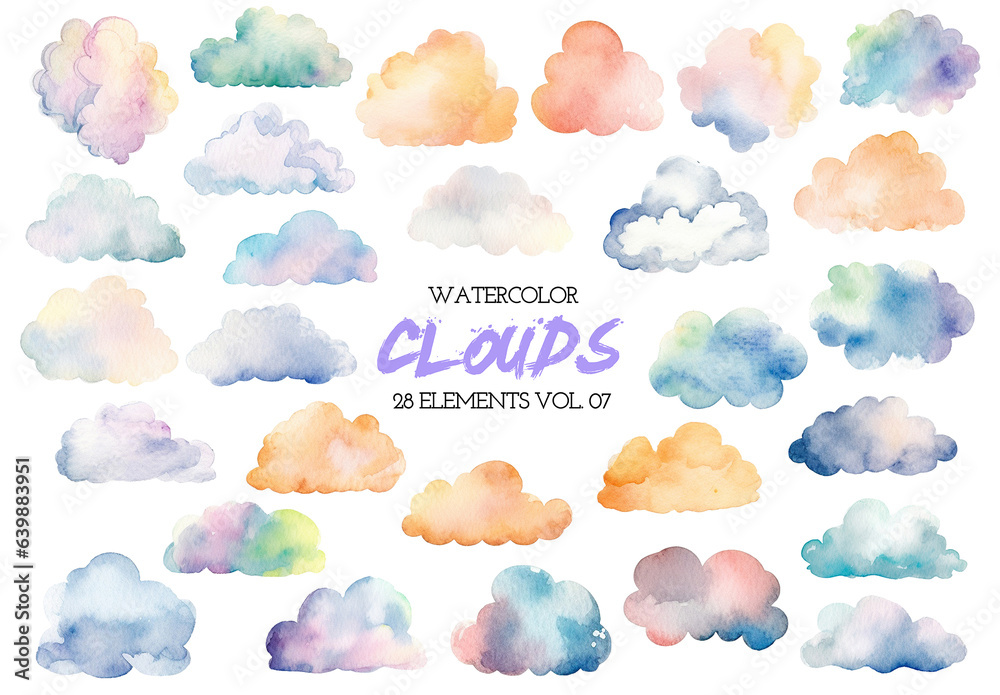 Watercolor painted colorful clouds. Hand drawn design elements isolated ...