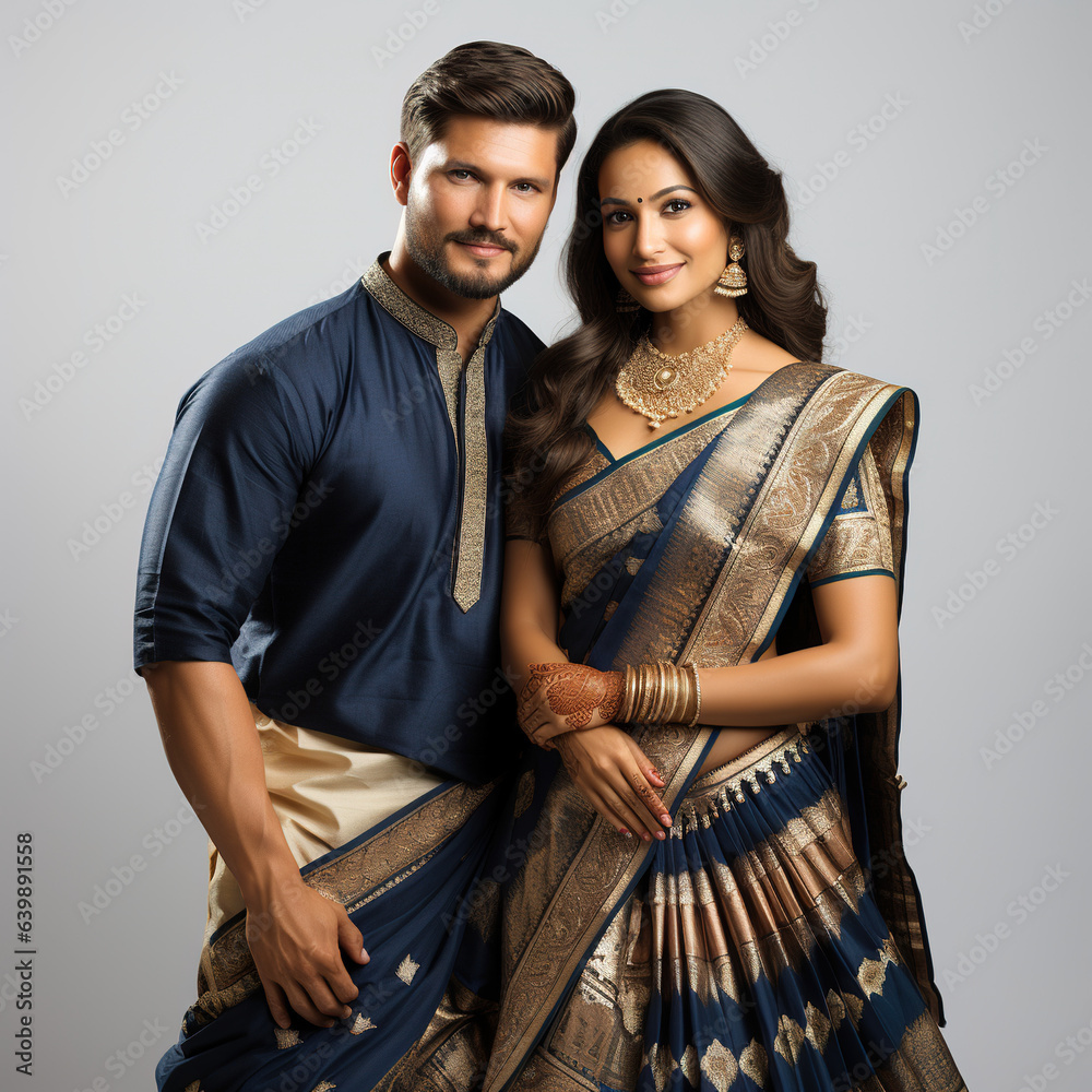 Indian couple in traditional outfit, saree and kurta pajama, women ...