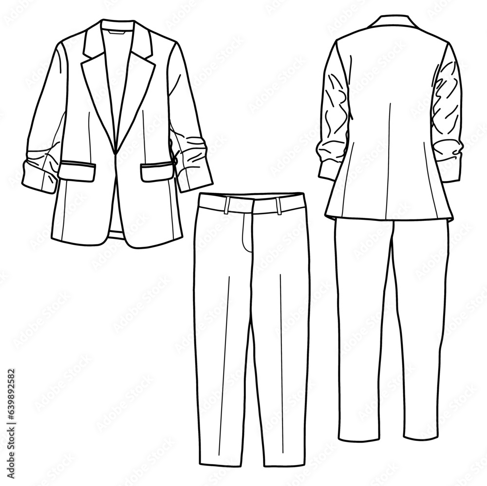 Technical sketch drawing of women blazer and trousers vector template ...