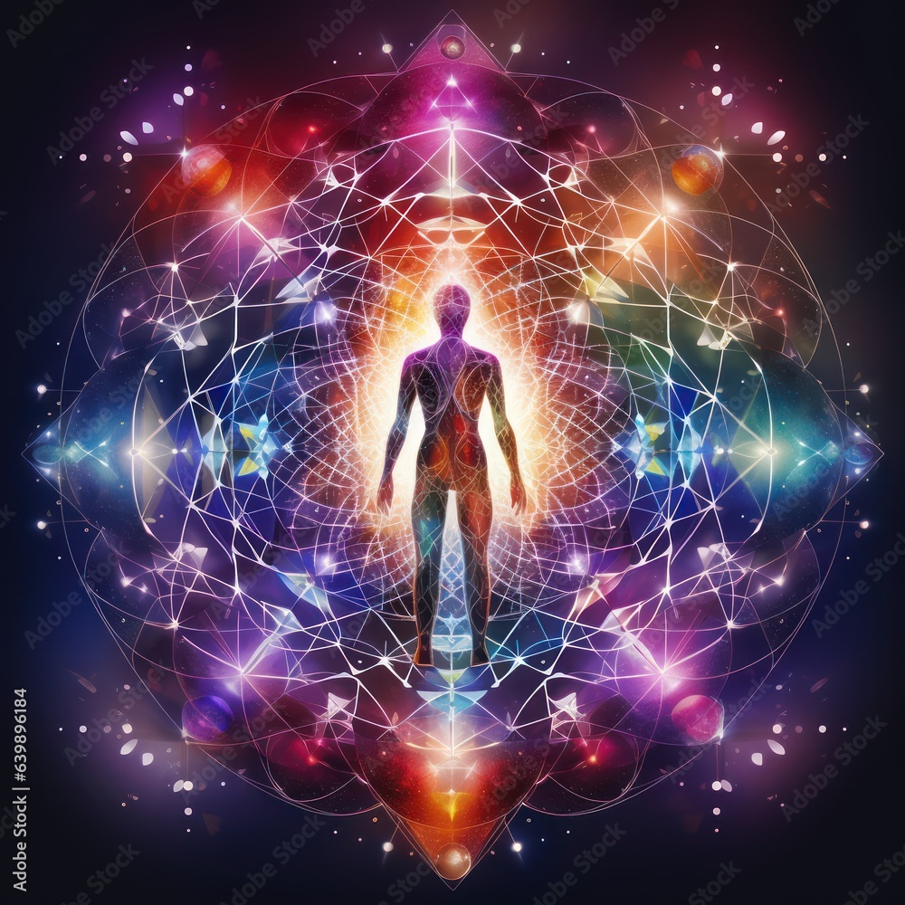 Astral body silhouette in lotus pose practicing yoga against cosmic ...