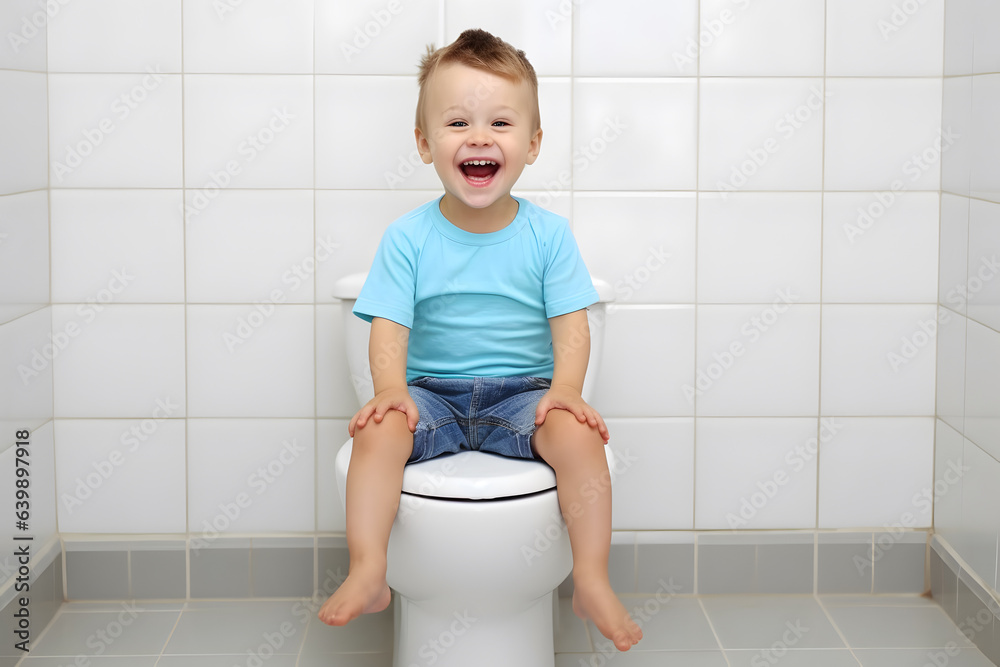 Excited kid sitting on toilet. Normal bowel habit concept. Stock Photo ...