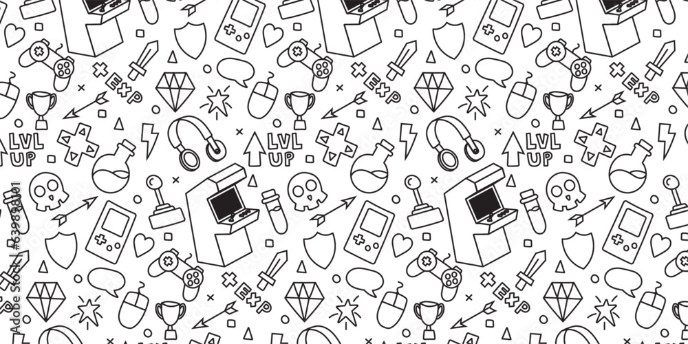 game doodle seamless pattern hand drawing gamer background Stock Vector ...