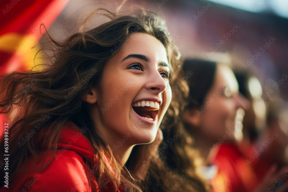 Spanish female soccer fans in a World Cup stadium celebrating Spanish ...