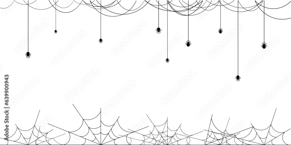 Spider web horizontal frame. Halloween decoration with net and spiders ...