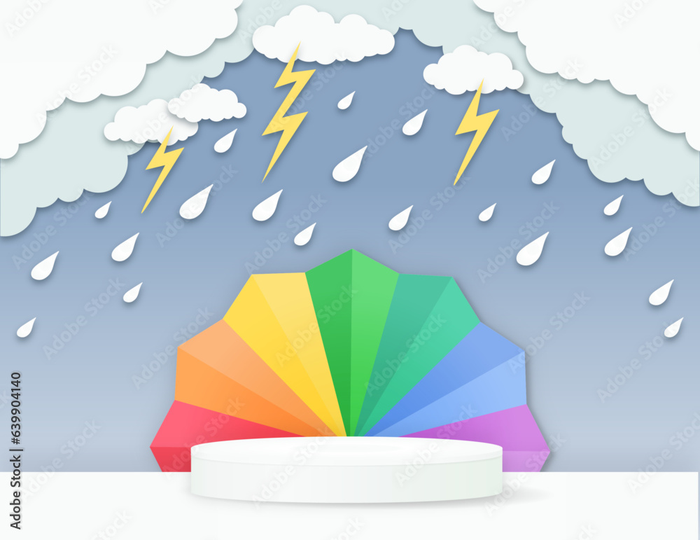Rainbow colorful display, heavy rain cartoon background, empty 3d ...